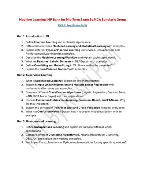 Machine Learning Imp Bank For Mid Term Exam By Mca Scholars Group Pdf