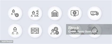 건설 네오모픽 아이콘을 설정합니다 감독 건축업자 설정 마감일 작업 건물 창고 장비 자재 운송 운송 산업 개념입니다 벡터 네오모픽 라인 아이콘 세트 건설업자에 대한 스톡 벡터