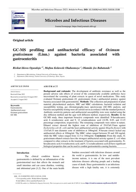 Pdf Gc Ms Profiling And Antibacterial Efficacy Of Ocimum Gratissimum
