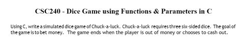Csc240 Dice Game Using Functions And Parameters In C