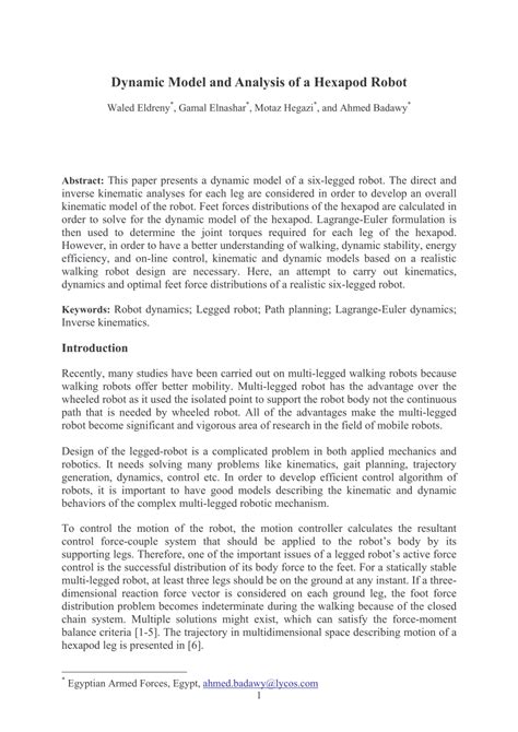 Pdf Dynamic Model And Analysis Of A Hexapod Robot