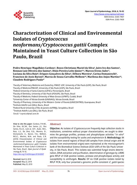Pdf Characterization Of Clinical And Environmental Isolates Of Cryptococcus Neoformans
