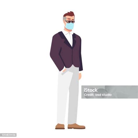 외과 마스크 세미 플랫 Rgb 컬러 벡터 일러스트레이션의 사업가 중년 백인 남자 흰색 배경에 만화 문자를 고립 코로나바이러스