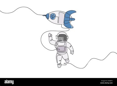 One Single Line Drawing Of Astronaut In Spacesuit Waving Hand And