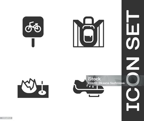 자전거 신발 주차 거리 경사로 및 하이킹 배낭 아이콘을 설정합니다 벡터 가방에 대한 스톡 벡터 아트 및 기타 이미지 가방