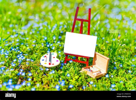 Tiny Canvas On A Small Stand Miniature Palette And Wooden Box With
