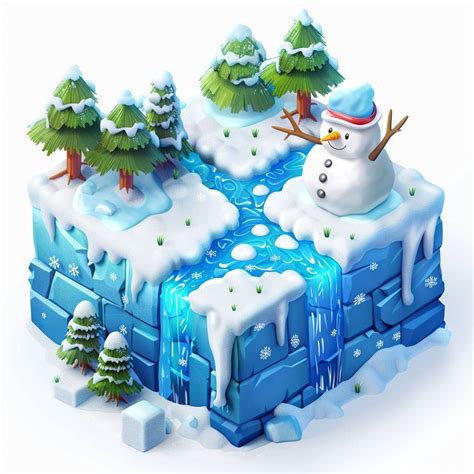 마인크래프트 스타일의 이소메트릭 정육면체 흰색 배경 중앙에 귀여운 눈사람 한쪽에서 다른 쪽으로 흐르는 푸른 얼음 그 위에 작은 눈 덩어리 각 모서리에 소나무