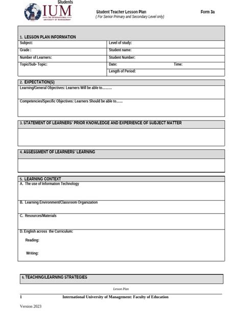 Ium Lesson Plan Template For Secondary And Senior Primary Only 2 Pdf