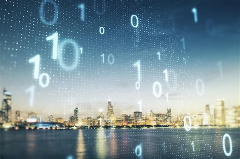 Premium Photo Double Exposure Of Abstract Virtual Binary Code Hologram On Chicago City