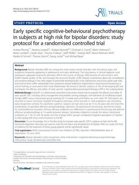 Pdf Early Specific Cognitive Behavioural Psychotherapy In Subjects At High Risk For Bipolar