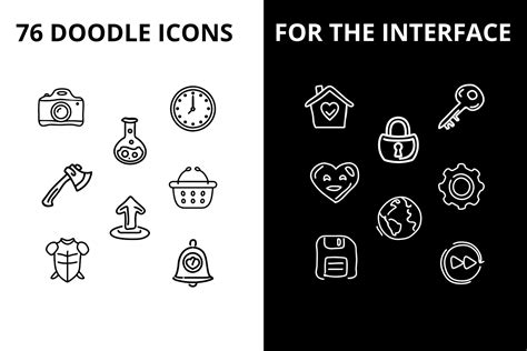76 Doodle Icons For Game Interfaces 2d Assets In Black And White 2d
