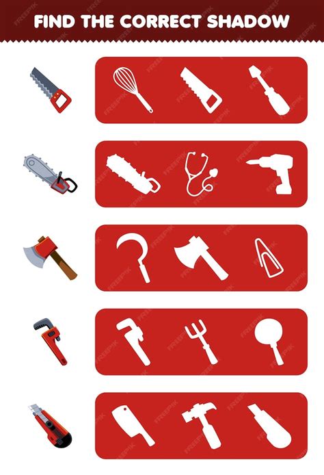 어린이를 위한 교육 게임은 귀여운 만화 톱 전기톱 도끼 렌치 커터 인쇄 가능한 도구 워크시트의 올바른 그림자 실루엣을 찾습니다 프리미엄 벡터