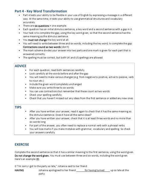 C1 Advanced Part 4 Multiple Exercises Tips Pdf Word Sentence Linguistics
