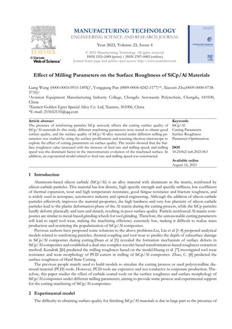 Pdf Effect Of Milling Parameters On The Surface Roughness Of Sicp Al Materials