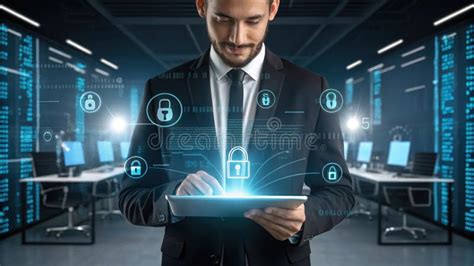 Businessman Interacts With Glowing Tablet Surrounded By Digital