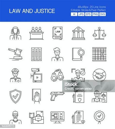 법과 정의 얇은 선 벡터 아이콘 세트입니다 디자인은 편집 가능하며 색상을 변경할 수 있습니다 창의력 아이콘의 벡터 세트 법정 법률 판사 범죄 증인 배심원 조사 아이콘에 대한