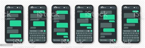 메시징 응용 프로그램과 현실적인 스마트 폰 빈 Sms 텍스트 프레임입니다 녹색 메시지 거품이있는 대화 채팅 화면 소셜 미디어