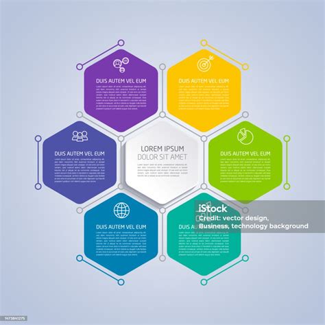 단계 또는 옵션 디자인이 있는 비즈니스 인포그래픽 템플릿입니다 인포그래픽 6가지 옵션 육각형이 있는 다이어그램 벡터 디자인입니다 육각형에 대한 스톡 벡터 아트 및 기타