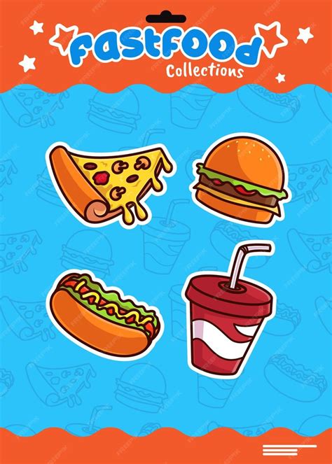귀여운 패스트 푸드 또는 정크 푸드 세트 스티커 아이콘 클립 아트 등에 적합 프리미엄 벡터