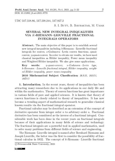 Pdf Several New Integral Inequalities Via 𝐾 Riemann Liouville Fractional Integrals Operators