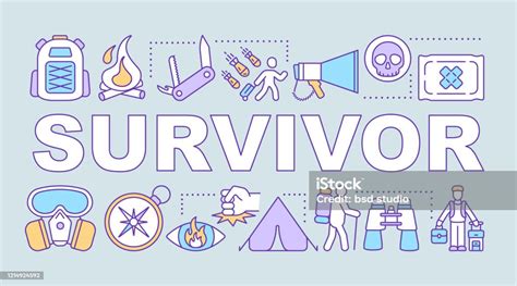 생존자 단어 개념 배너입니다 극한 의 조건에서 여행 모험 트레킹 프리젠 테이션 웹 사이트 선형 아이콘과 격리 된 문자 타이포그래피 아이디어 벡터 개요 그림 0명에 대한 스톡