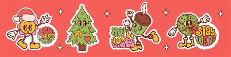 크리스마스 스티커 세트 생생한 글자 히피 소원 단어 그루비 손으로 그린 편지는 복고풍 문자로 축하합니다 70 년대와 60 년대 소셜 미디어를위한 타이포그래피 벡터 윤곽