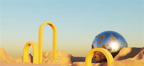 추상 모래 언덕 절벽 모래와 금속 아치 스탠드 플랫폼 초현실적 인 사막 자연 풍경 배경입니다 광택 있는 금속 아치 기하학적 디자인이 있는 사막의 장면 3d 렌더링 3차원