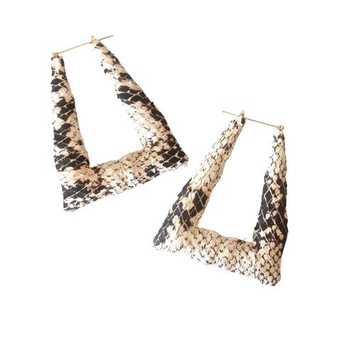 Python Skin Print On Italian Lamb Bamboo Earrings Cream Brown