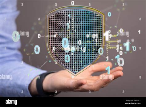 A 3d Rendered Futuristic Shield With Binary Code Hovering Over A Mans