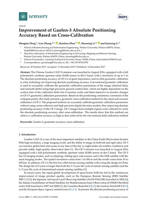 Pdf Improvement Of Gaofen 3 Absolute Positioning Accuracy Based On Cross Calibration