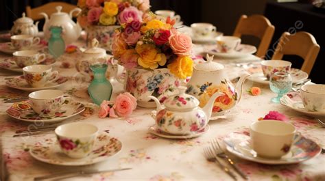Table Set In A Room Full Of Vintage Tea Cups And Pots Background Tea