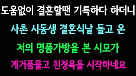 사이다사연 땡전한푼안받고 결혼할때는 기특하다더니 자기는 없는 명품가방 들고왔다고 시모가 게거품 물고 열폭하네요 실화사연 사이다 실화사연 Youtube