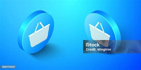 파란색 배경에 격리된 등색 쇼핑 바구니 아이콘입니다 온라인 구매 개념 배달 서비스 기호 장바구니 기호 파란색 원 버튼입니다 벡터 가방에 대한 스톡 벡터 아트 및 기타 이미지