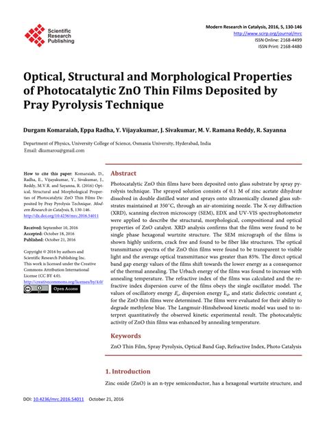 Pdf Optical Structural And Morphological Properties Of Photocatalytic Zno Thin Films