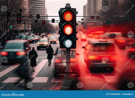red traffic light at busy intersection with the view of blurred cars