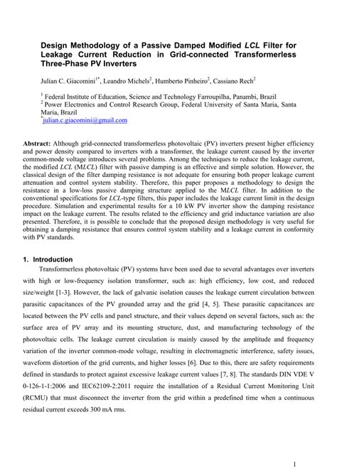 Pdf Design Methodology Of A Passive Damped Modified Lcl Filter For Leakage Current Reduction