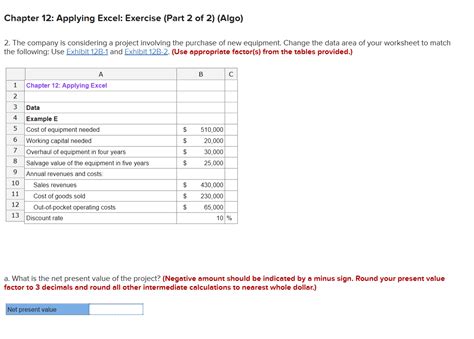 Solved Chapter 12 Applying Excel Exercise Part 2 Of 2 Chegg Com