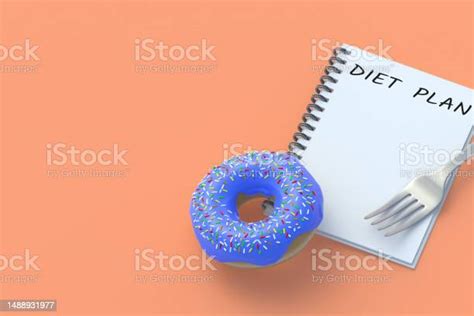 도넛과 포크 근처의 메모장에 비문 다이어트 계획 건강한 식생활 칼로리 조절 영양사 상담 식사 일정 슬리밍 개념입니다 복사 공간 3d 렌더링 슬리밍 0명에 대한 스톡 사진 및