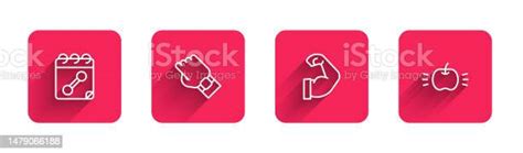 세트 라인 캘린더 피트니스 손에 스마트 시계 보디 빌더 근육 및 긴 그림자가있는 Apple 빨간색 사각형 버튼 벡터 건강한 생활방식에 대한 스톡 벡터 아트 및 기타 이미지