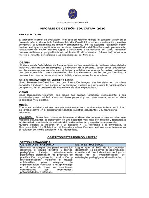 Informe Gestion Educativa 2020 Pdf Aprendizaje Maestros