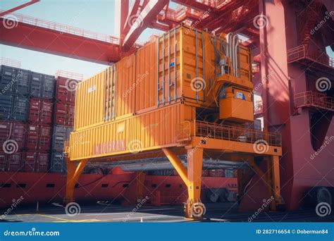 Container Ship At The Berth In Cargo Terminal Of The Port Under Loading Port Cranes Load