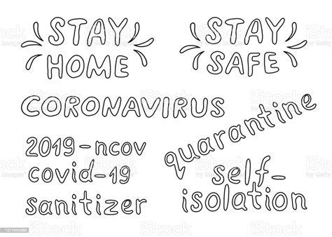 검역 자기 격리 시간 및 코로나 바이러스 예방을 주제로 흑백으로 손으로 쓴 낙서 등고선 세트 소셜 네트워크 전단지 스티커 타이포