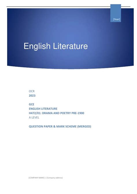 Ocr 2023 Gce English Literature H472 01 Drama And Poetry Pre 1900 A Level Question Paper And Mark