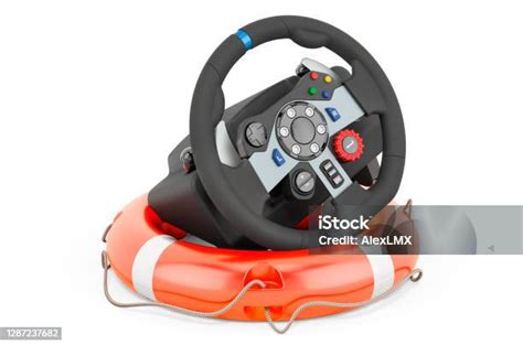 구명벨트가 달린 게이밍 스티어링 휠 흰색 배경에서 격리된 3d 렌더링 3차원 형태에 대한 스톡 사진 및 기타 이미지 3차원 형태 Usb 케이블 개념 Istock