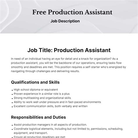 Free Production Assistant Job Description Template To Edit Online