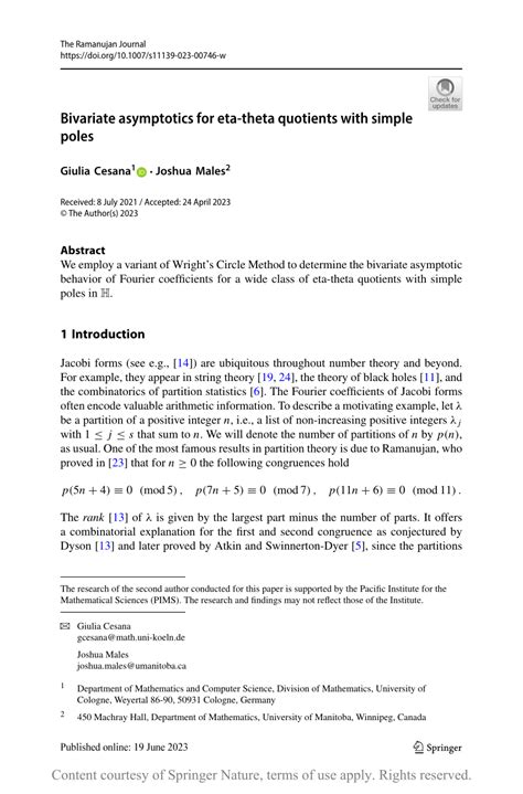 Pdf Bivariate Asymptotics For Eta Theta Quotients With Simple Poles
