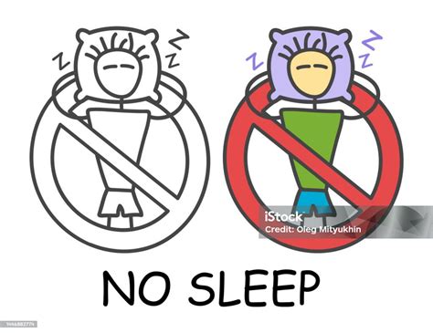 재미있는 벡터 슬리핑 스틱 남자 어린이 스타일의 베개에 남자 졸지 말고 낮잠 없음 빨간색 금지 표시 정지 기호입니다 지역 장소에 대한 금지 아이콘 스티커 흰색 배경에 격리