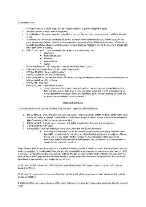 Statements Of Case Lecture Notes Statements Of Case Formal Documents In Which The Parties To A