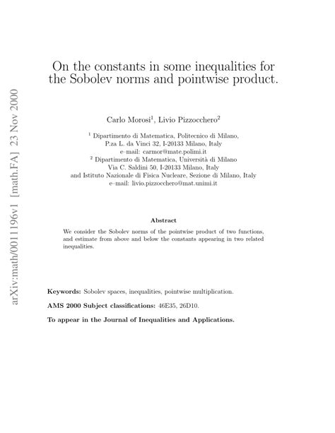 Pdf On The Constants In Some Inequalities For The Sobolev Norms And Pointwise Product