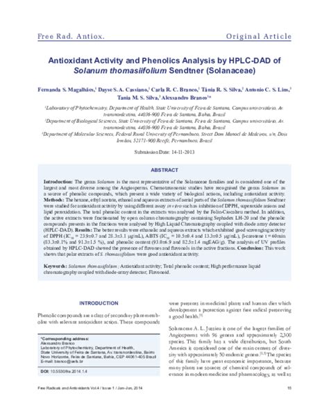 Pdf Antioxidant Activity And Phenolics Analysis By Hplc Dad Of